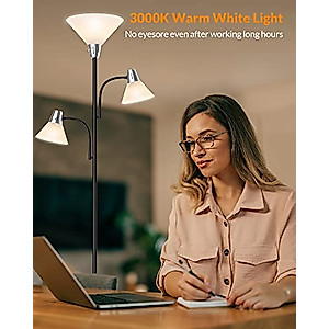 LEPOWER Floor Lamp with Replaceable 3000K Energy-Saving LED Bulbs , 9W LED Standing Lamp with 5W Adjustable Reading Lights, Modern Bright Black Floor Lamp for Living Room, Bedroom, Office