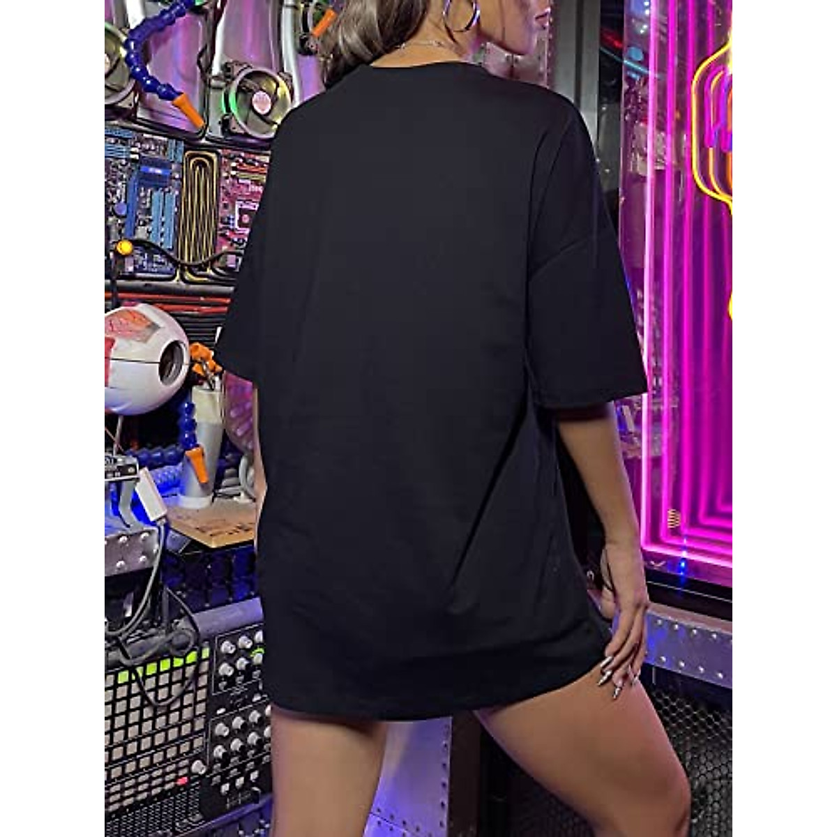 SHENHE Women's Oversized T Shirt Graphic Printed Tee Short Sleeve Round Neck Loose Tops Black L