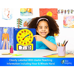 Large Dry Erase Magnetic Teaching Demonstration Clock, Kids Telling Time Learning Clock for Analog and Digital Time, Labelled Minute & Hour Hands, for School Classrooms & Homeschool Supplies