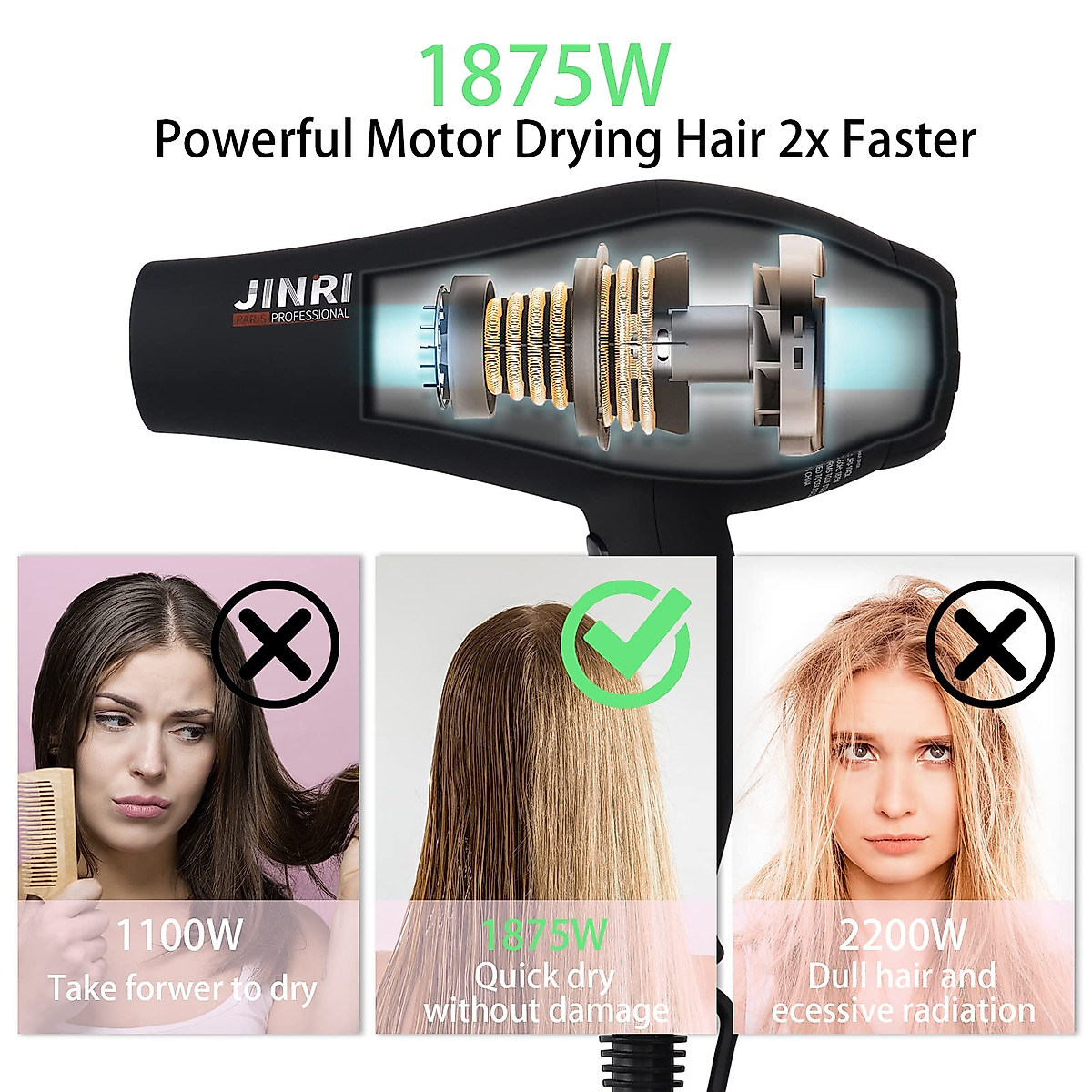 Professional Salon Grade Hair Dryer 1875W, Powerful Fast Drying Pro Negative Ionic & Infrared Blow Dryer, Low Noise Blow Dryer with Diffuser, Concentrator, Comb, 2 Speed & 3 Heat Settings