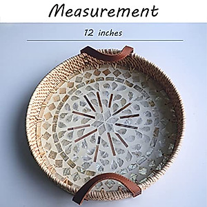 Large Round Rattan Tray with Mother of Pearl Inlay, Woven Wicker Tray with Leather Handles, Coffee Table Wicker Tray for Storage and Organizer, Farmhouse Boho Home Décor (White),12 Inch