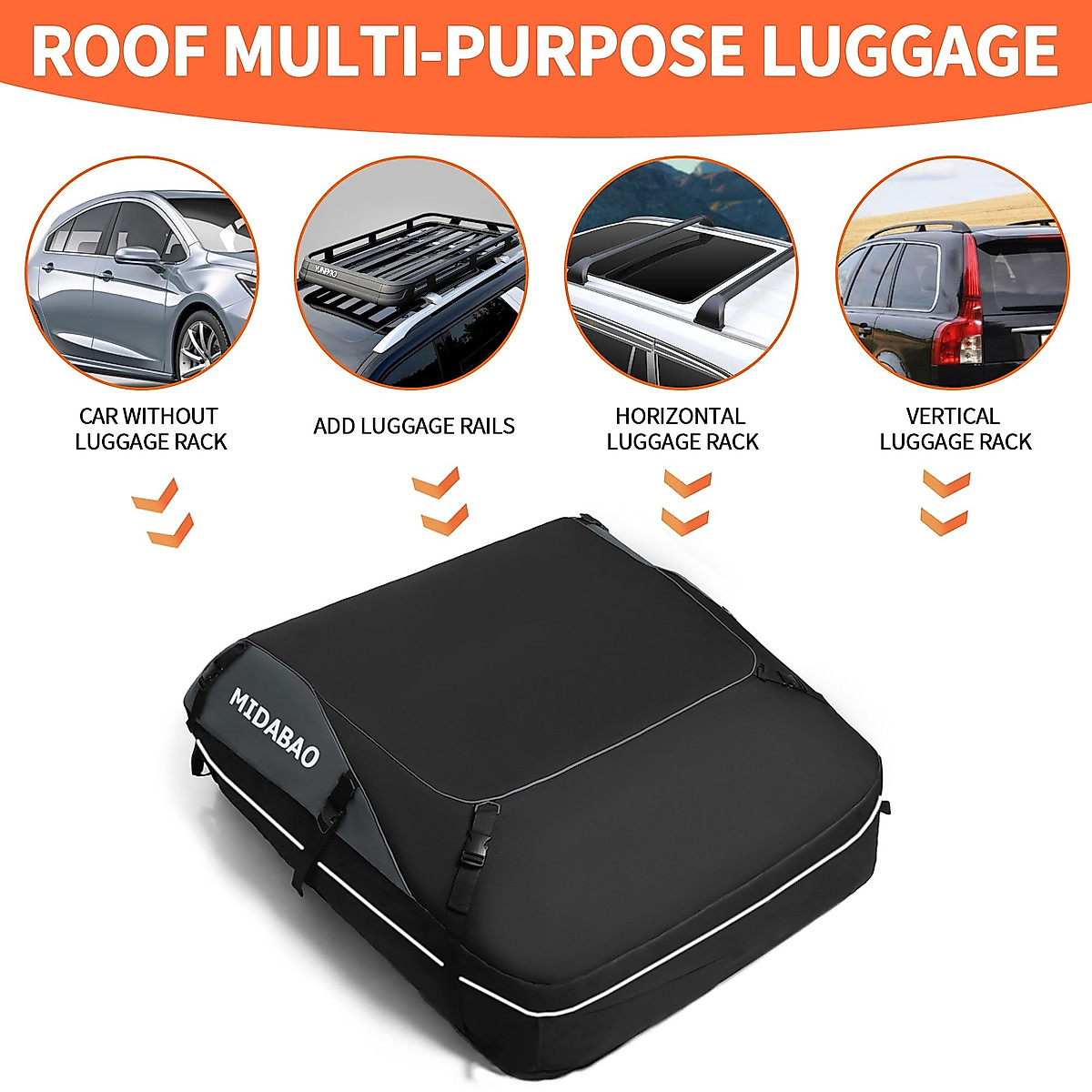 MIDABAO 20 Cubic Waterproof Duty Car Roof Top Carrier-Car Cargo Roof Bag Car Roof Top Carrier - Waterproof & Coated Zippers- Includes Anti-Slip Mat- for Cars with or Without Racks (20 Cubic Feet)
