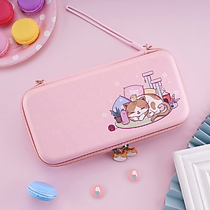 eXtremeRate PlayVital Pink Cute Carrying Case for Nintendo Switch Lite, Thumb Grip Caps + Kitten & Chicken Slim Travel Case for Switch Lite, Portable Hardshell Girl Storage Bag Game Accessories
