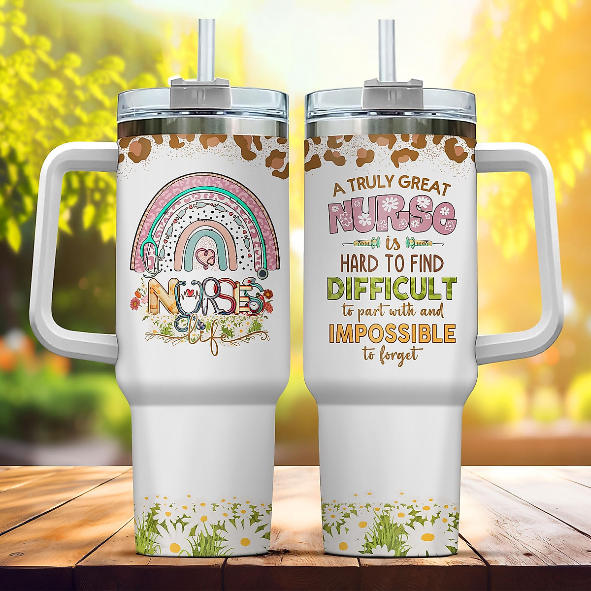 99WHALE Tumbler 40 Oz With Handle Lid And Straw, Nurse Gifts, Black Camo White Engraved Print Travel Nurses Tumblers Handle Funny Cups Nursing For, Great Nurse Rainbow Daisy Flower