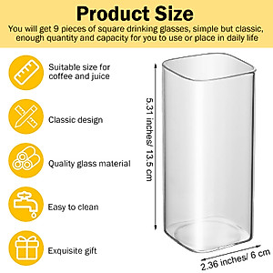 9 Pack 13 oz Clear Drinking Glasses Square Highball Thin Glass Cups Tumbler Set Elegant Bar Modern Glassware for Water Coffee Mixed Drinks Cocktail Wine Beer Juice Iced Tea Kitchen Party Home