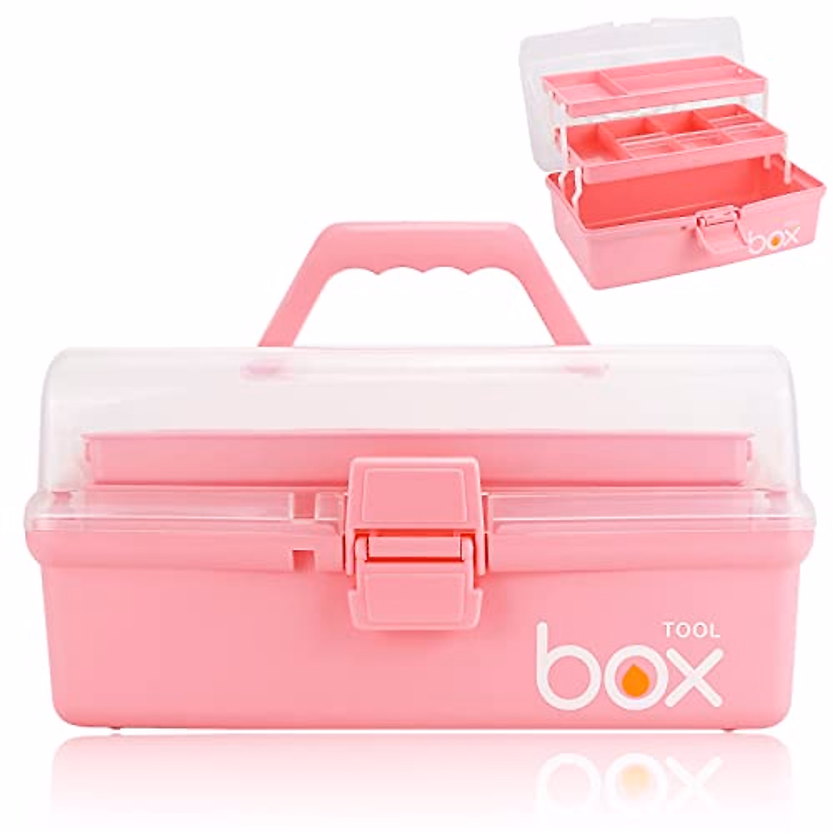 HengLiSam 12'' Three-Layer Clear Plastic Storage Case for Art Craft and Cosmetic, Multipurpose Organizer and Portable Handled Storage Box for Home, School, Office (Pink)