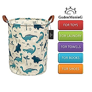 GodenMoninG Collapsible Laundry Basket 62.8L Large Sized Round Waterproof Storage Bin with Handles,Home Decor,Toy Organizer,Children Nursery Hamper. (White Ground Dinosaur)