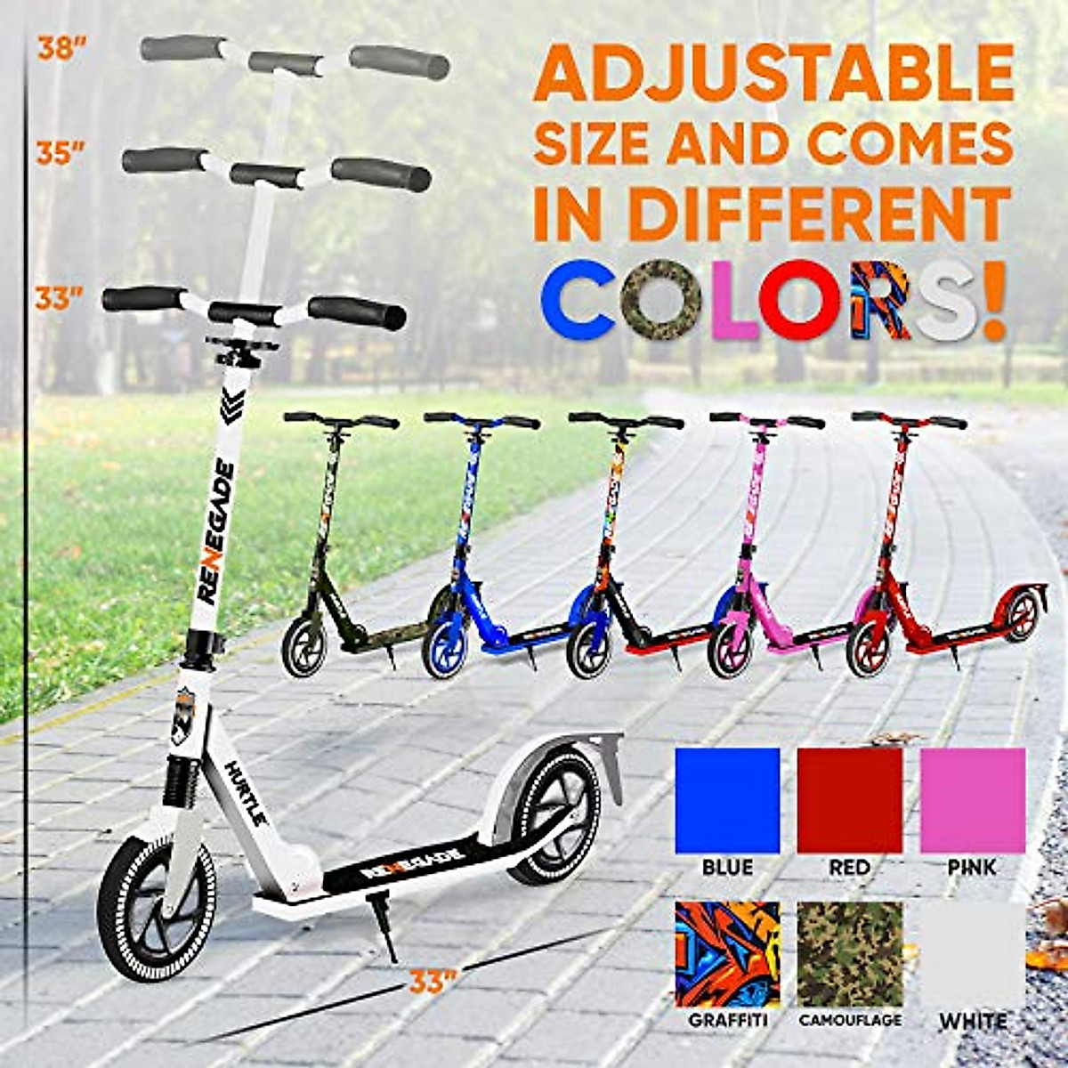 Hurtle Adult Kick Scooter - Folding, Adjustable T-Bar Handlebar, 8 Inch Smooth Gliding Wheels, White