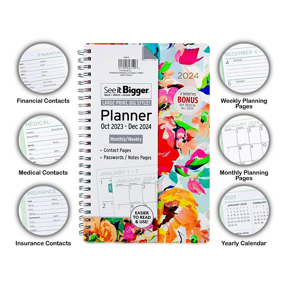PlanAhead See IT Bigger April 2024 - June 2025 Size 8.75" x 5.5" x 0.5" Monthly/Weekly Medium Planner and Twin Fluorescent Pen (Floral Coppa)