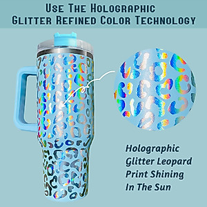 omezin 40 oz Tumbler with Handle Holographic Glitter Leopard 40oz Tumbler with Lid Straw Double Insulated Travel Coffee Mug