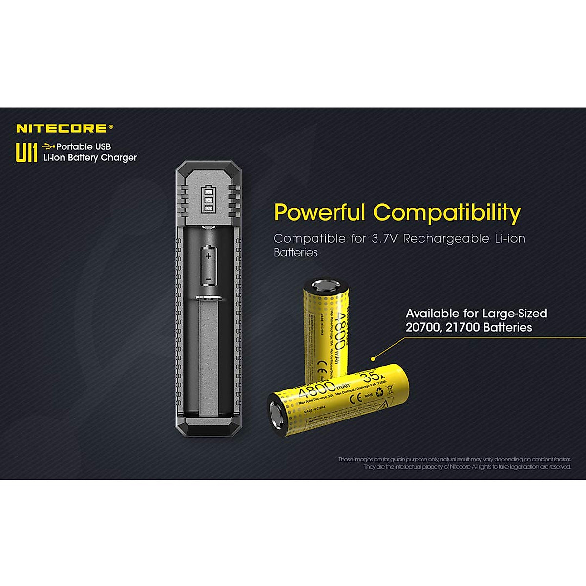 Nitecore UI1 Single-Slot Intelligent Lithium-ion Battery USB Charger for 18650, 18350, 20700, 21700, 16340, 14500 and More,and LumenTac Battery Organizer