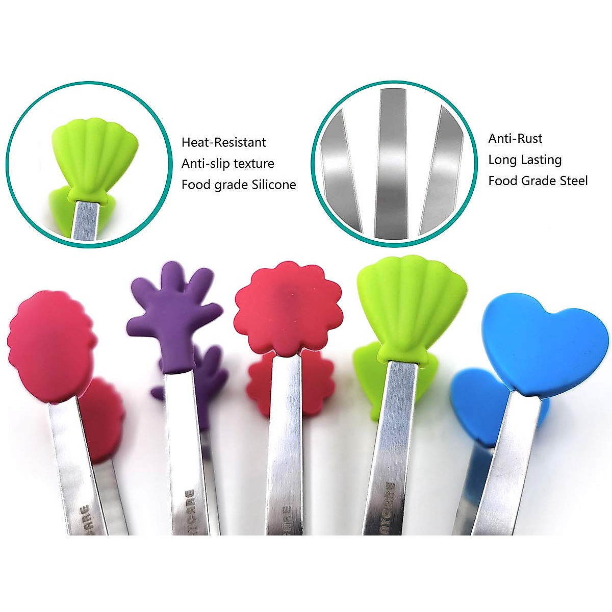 Daycount 5pcs Stainless Steel Sugar Tong 5-Inch Mini Serving Tongs With Creative Silicone Head, For Tea Coffee Party