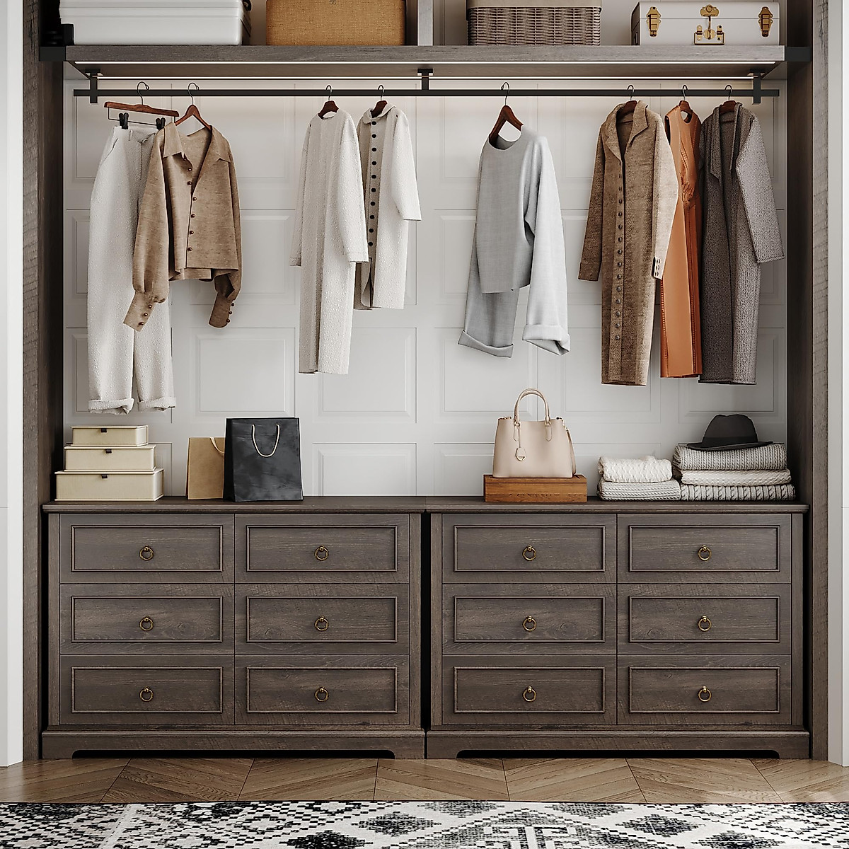 HOSTACK 6 Drawer Double Dresser, Modern Farmhouse Chest of Drawers, Wide Dressers Organizer, Accent Wood Storage Cabinet for Living Room, Hallway, Dark Brown