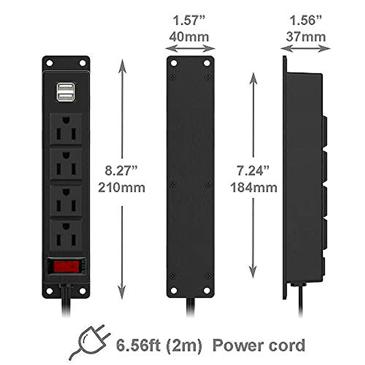 Mountable Power Strip with USB Ports,Wall Mount Power Outlets Screw Down Power Socket in Desk Under Cabinet Power Station 4AC Outlet 2 USB 6.56 Feet Extension Cord, On&Off Switch