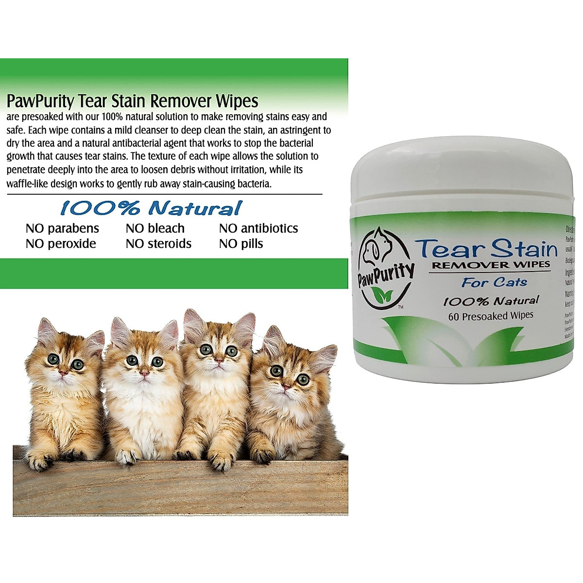 PawPurity Tear Stain Remover Wipes (60 pcs) for Cats | 100% Natural, Safe and Effective. | Removes Stains from Eyes of Cats and Kittens | Recommended by Vets/Groomers | Contains Colloidal Silver