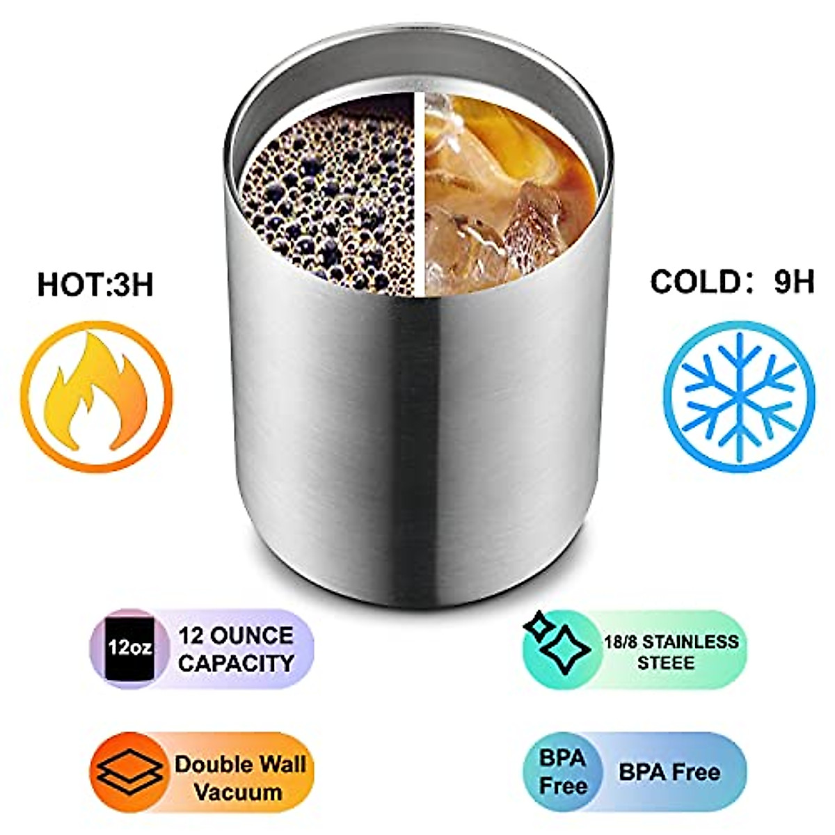 MEWAY 12oz/8Pack Coffee Mug With Lid, Insulated Stainless Steel Reusable Coffee Cup, Double Wall Durable Coffee Mug, Powder Coate，For Coffee, Beer, Home, Office(Silver,8 Pack)