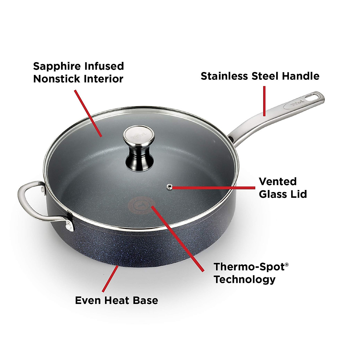 T-fal HeatMaster Nonstick Sauté Pan 12 Inch Induction Oven Broiler Safe 500F Cookware, Pots and Pans, Dishwasher Safe Black and Blue