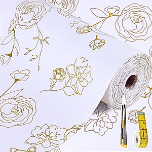 Shelf Liners for Kitchen Cabinets 12in x 20FT Non Adhesive Drawer Liner Gold Floral Thickened Shelf Liner Paper Strong Non-Slip Easy to Clean for Tool Box Refrigerator with Knife and Tape Measure