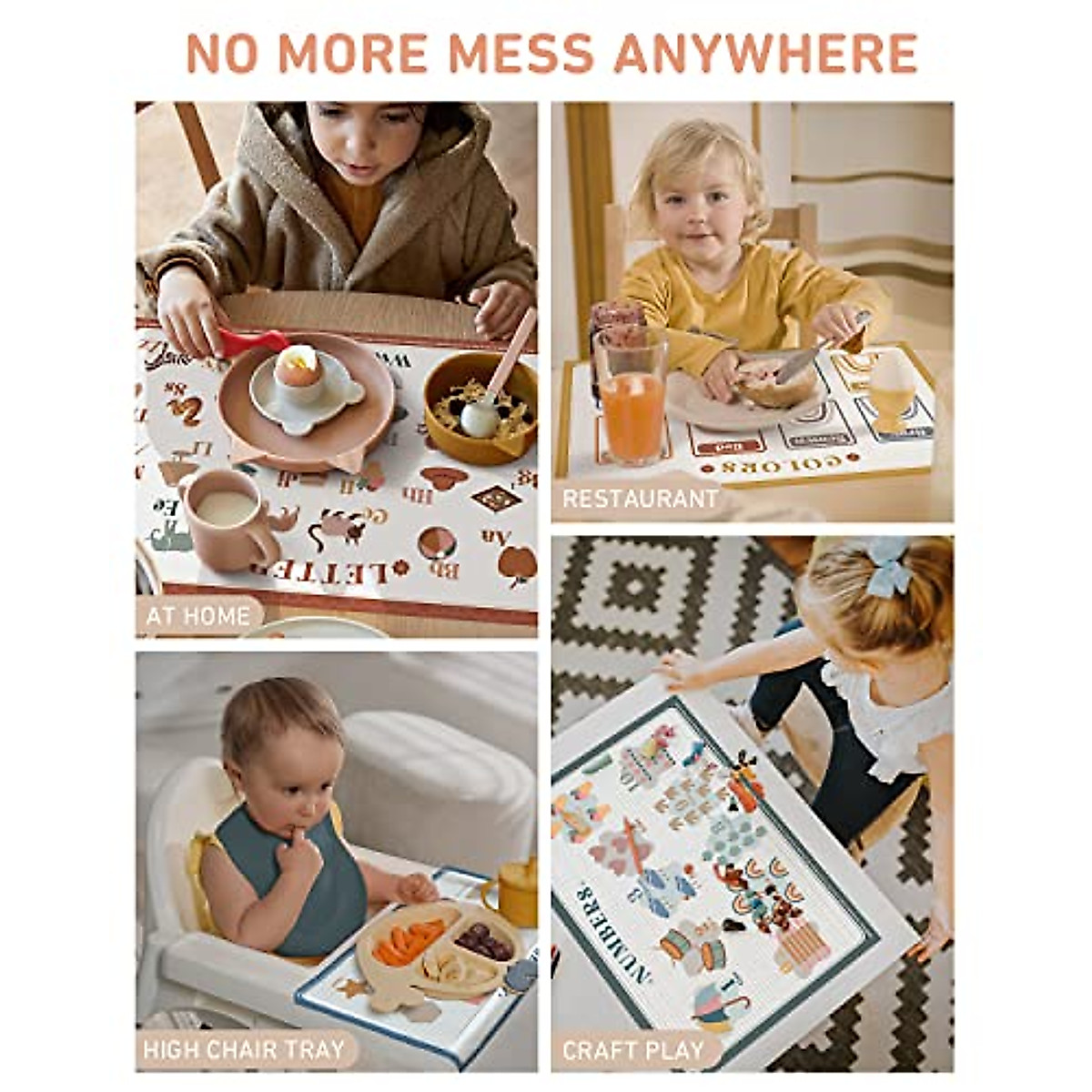 Babebay Disposable Placemats for Baby, 40 Pack Sticky Toddler Placemat for Restaurants, Dining Table, Party, Travel, 12" x 18" Placemats with 4 Designs, Fun and Learning Placemats for Kids