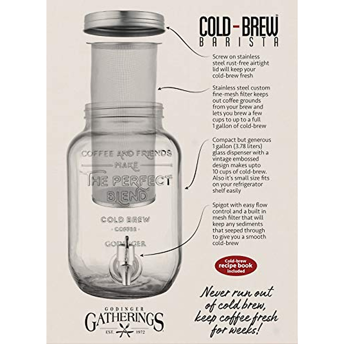 Godinger Cold Brew Coffee Maker, Iced Coffee Dispenser - 1 Gallon (3.78L)
