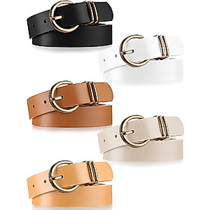 Breathffy 5 Pcs Women Leather Belts for Jeans Pants Dresses Fashion Womens Ladies Belt with Gold Buckle, Small to Plus Size (White+Black+Brown+Khaki+Beige, Size M: Fit Waist Size 31-36 Inches)