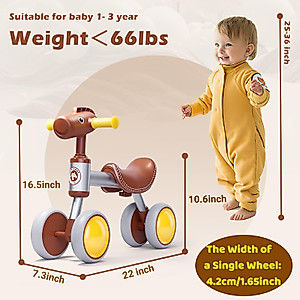 TWFRIC Balance Bike for 1+ Year Old Boys Girls, Toddler Balance Bike 12-36 Month No Pedal 4 Wheels Ride-on Baby Bike Riding Toys for 1 Year Old Birthday Gifts(Brown)