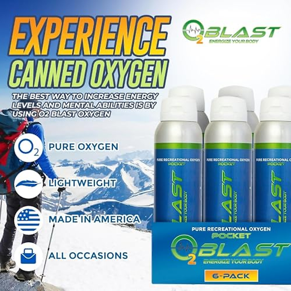 O2 Blast - Pure Oxygen Supplement, Quick Recovery for Exercise and Focus, Sanitary flip top Cap (4 Liter Oxygen Canisters - 6 Pack - Natural)