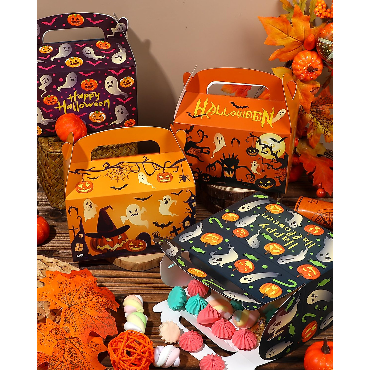 Liobelon 24 Pieces Halloween Treat Boxes Trick or Treat Bags Halloween Goodie Bags Halloween Cookies Goodie Boxes With Handles Ghost Gift Boxes Halloween Party Supplies for Sweets, Toys, Pastry, Gifts