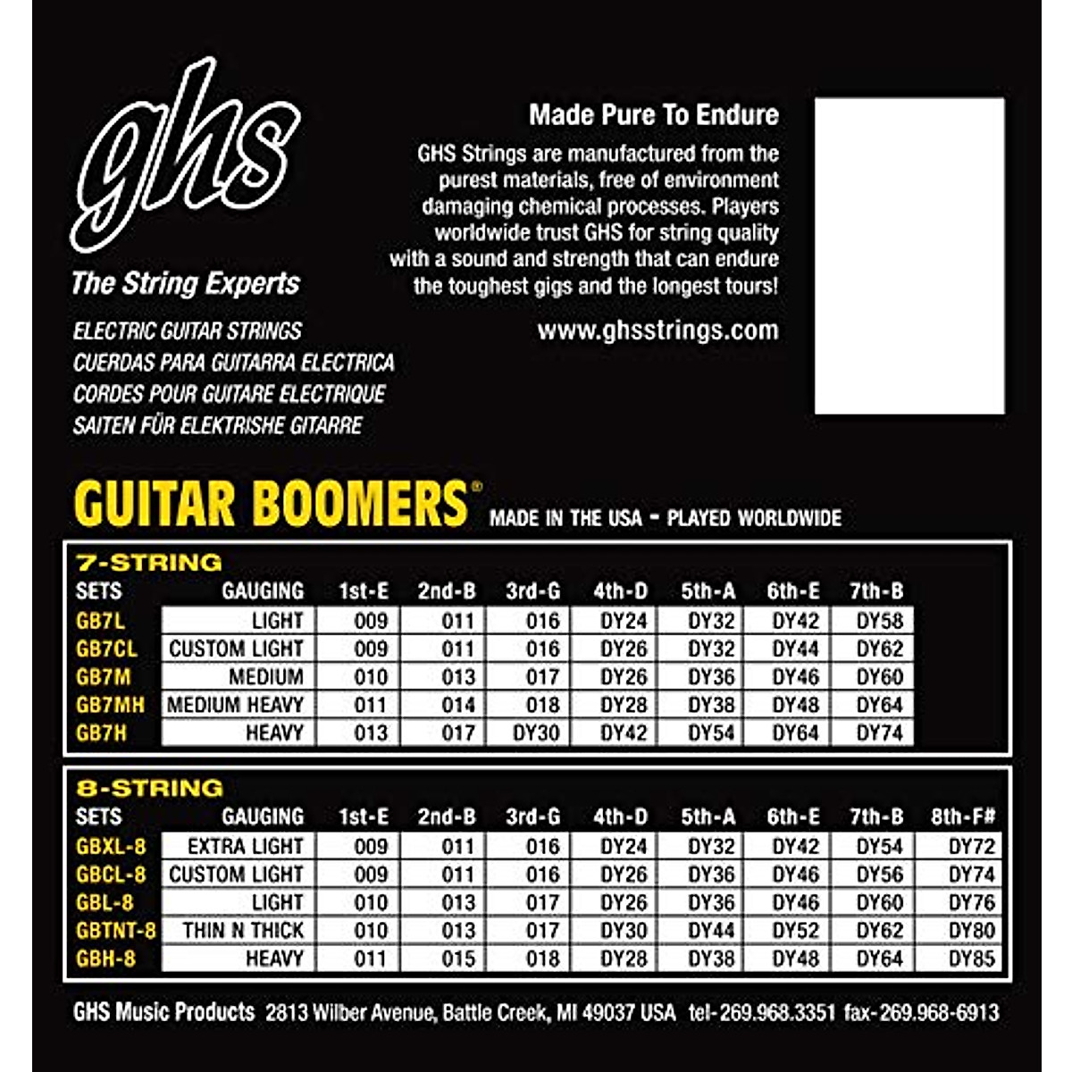 GHS Strings GB7L 7-String Guitar Boomers, Nickel-Plated Electric Guitar Strings, Extra Light (.009-.058)