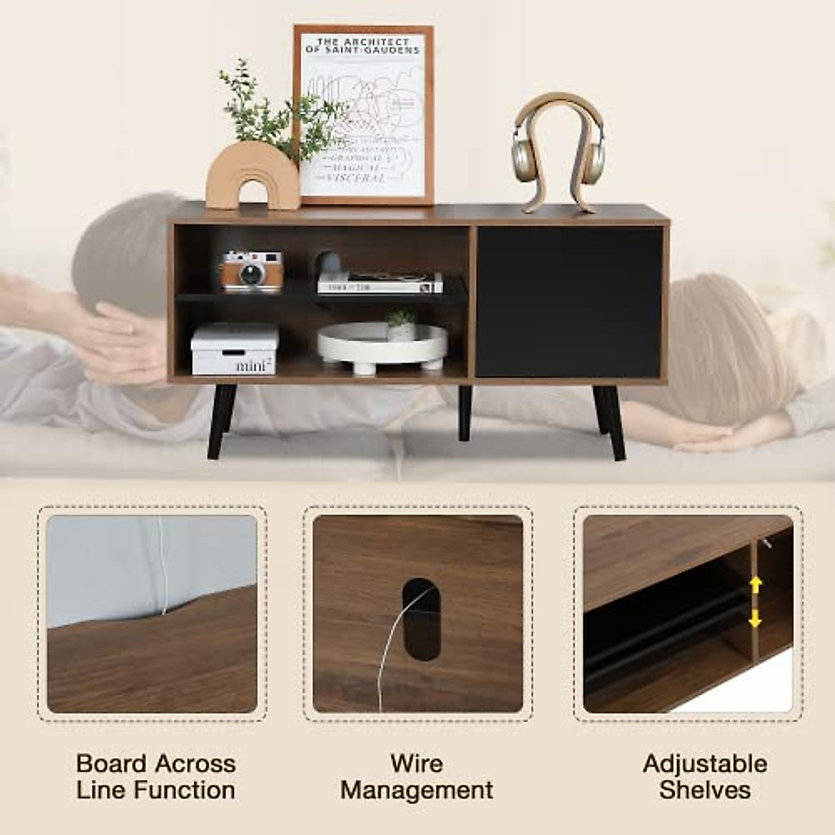 AVAWING 42 Inch TV Stand with Storage, Modern Media Console, Mid Century Modern TV Stand for Bedroom, Livng Room Entertainment Center, Rustic Brown