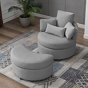 BALUS Modern Swivel Accent Barrel Sofa Chair, with Half Moon Storage Ottoman, Linen Fabric Leisure Round Chair,Sofa Lounge Chair with 3 Throw Pillow for Living Room Hotel/Club (Light Grey)