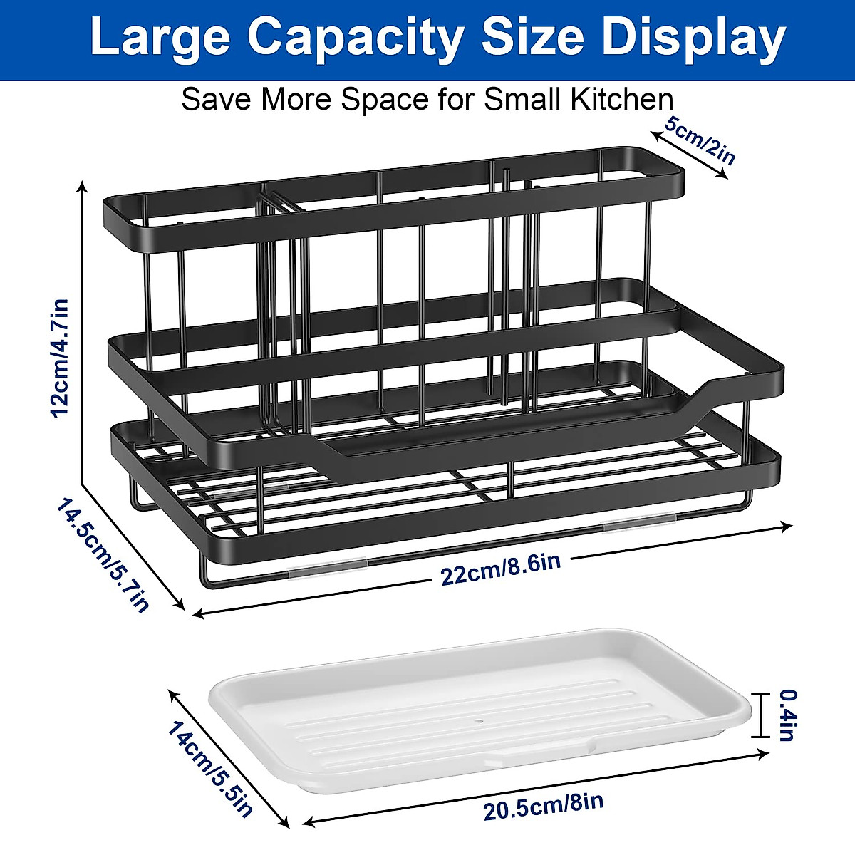 Sponge Holder Kitchen Sink Caddy Organizer, Large Stainless Steel Sink Tray Drainer Rack, Countertop Soap Dish Dispenser Brush Holde with Removable Drain Tray - Not Including Dispenser, Sponge, Brush