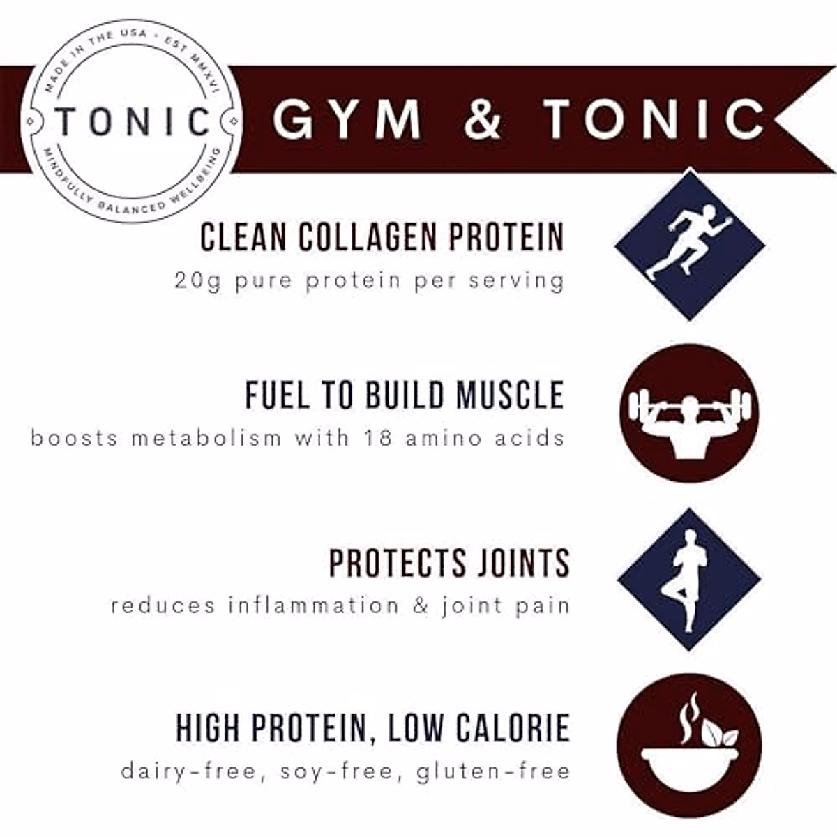 Gym & Tonic Low Calorie Collagen Protein Powder with 18 Amino Acids - Unflavored, Non-GMO, 0 Sugar, 0 Carbs, 20 Grams Clean Protein Per Serving, 1lb