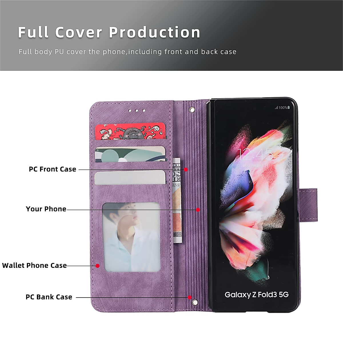 Simicoo Samsung Z Fold 5 PU Leather Flip Wallet Case with 2 Card Slots Pencil Holder Samsung Z Fold 5 Case with Folding Kickstand Strong Magnetic Full Cover Wallet Case (Purple)