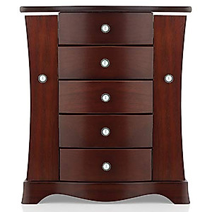 RR ROUND RICH DESIGN Jewelry Box - Made of Solid Wood with Tower Style 4 Drawers Organizer and 2 Separated Open Doors on 2 Sides and Large Mirror Brown