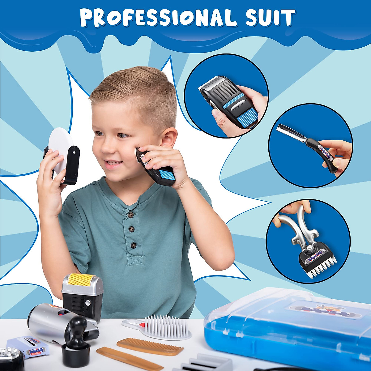 JOYIN 23Pcs Pretend Play Shaving & Grooming Kit for Kid, Boy Girl Barber Set w/ Storage Box, Toddler Hair Cutting Playset w/ Shaver, Scissors, Dryer, Razors for Boys Birthday, Presents Toys