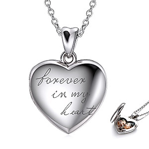 LONAGO Heart Locket Necklace Forever in My Heart Shape Photo Locket Necklace Silver Locket Gift for Women (Locket Necklace)