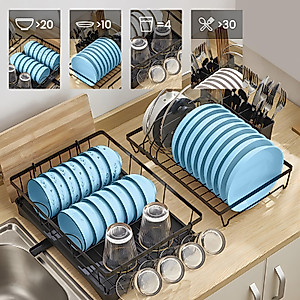 Jkdream Dish Drying Rack, 2 Tier Dish Racks for Kitchen Counter, Large Stainless Steel Kitchen Dish Drying Rack,Detachable Large Capacity Dish Drainer Organizer with Utensil Holder, Drain Board,Black