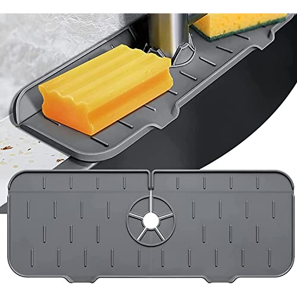 YIIAMOAHC Kitchen Sink Splash Guard, Silicone Faucet Handle Drip Catcher Tray, Faucet Splash Catcher, Silicone Deflector Under The Faucet, Keep Kitchen and Bathroom Sinks Dry（Grey)