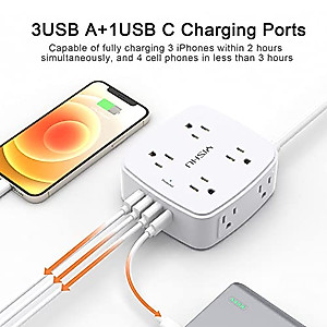 10 Ft Surge Protector Power Strip - YISHU 3 Side Outlet Extender with 8 Widely AC Outlets and 4 USB Ports, 10 Feet Extension Cord with Flat Plug, Wall Mount Desk USB Charging Station, ETL ,White