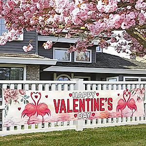 Large Happy Valentines Day Banner Outdoor Decorations 120" x 20" Valentine's Yard Sign Red Hearts Flowers Flamingos Holiday Party Supplies Valentine Backdrop Home Decor with Brass Grommets for Garden House Fence Garage Indoor Gifts Anniversary Wedding Law