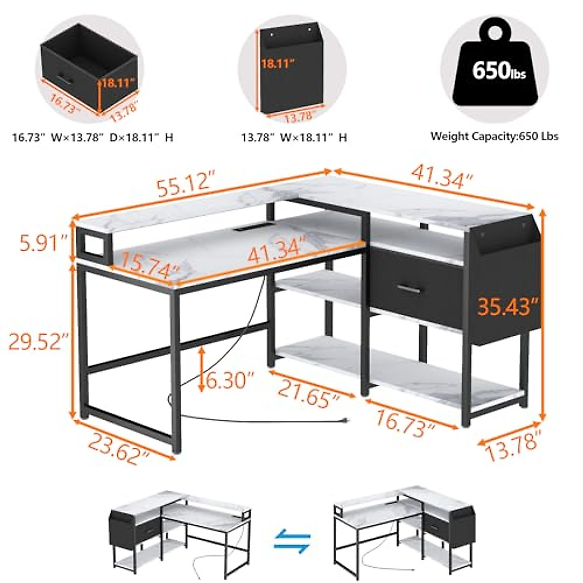 Loomie L Shaped Computer Desk with Power Outlets, 55"x41"D Reversible Corner Desk with LED Light, Drawer & Monitor Stand, Home Office Gaming Desk with 4 Tier Storage Shelves & Bag, White Faux Marble