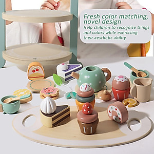 23 Pieces Toddler Tea Set Little Girl Wooden Tea Party Set with Cake Stand and Food Children's Kitchen Game Set Wooden Toys for 3, 4, 5, 6 Year Old Girls Birthday Gifts.