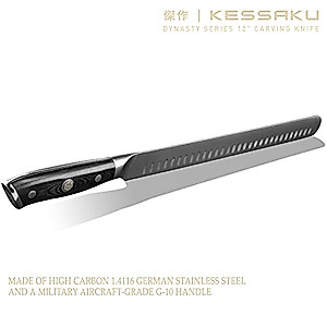 KESSAKU Carving Knife - 12 inch - Dynasty Series - Razor Sharp - Granton Edge - Forged ThyssenKrupp German High Carbon Stainless Steel - G10 Garolite Handle with Blade Guard