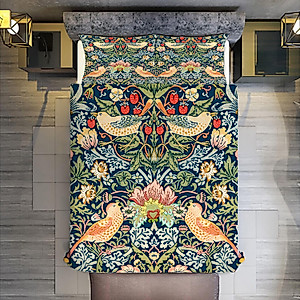 MSSHUKYTT Rustic Mid Century Boho Art Queen Size Comforter Cover Sets 3 Piece,Abstract William Morris Floral Spring Bird Fruit Prints Duvet Cover Set 2 Pillowcases(No Insert)