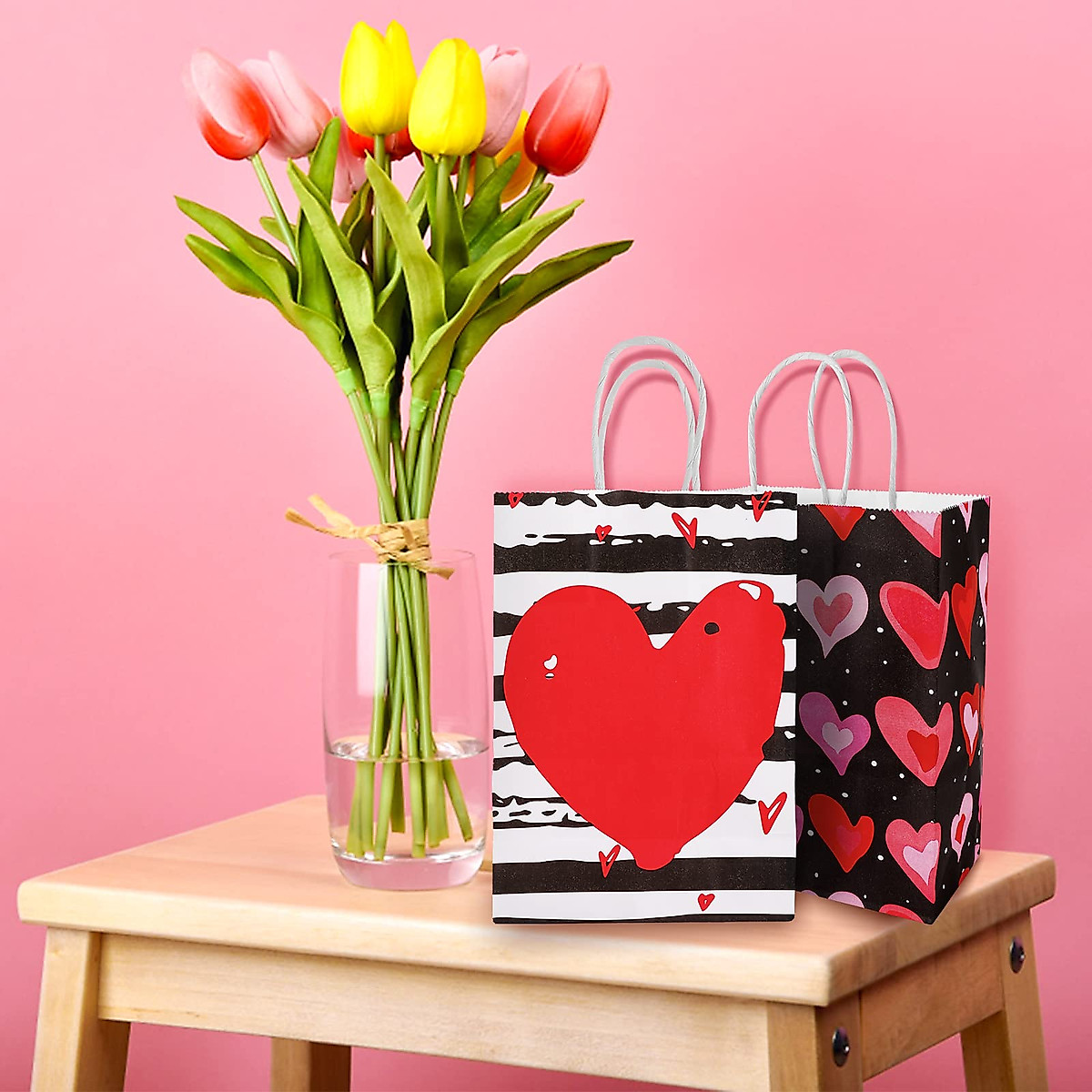 Abeillo 8Pcs Valentines Day Decorations Gift Bags with Handles, Medium Paper Gift Bags Red Love Heart Present Bags for Valentine's Day, Wedding, Sweetest Day, Kids Party Favor Goody Bags