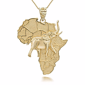 10K Yellow Gold Africa Map Elephant in Solid Gold Pendant Necklace, 20"