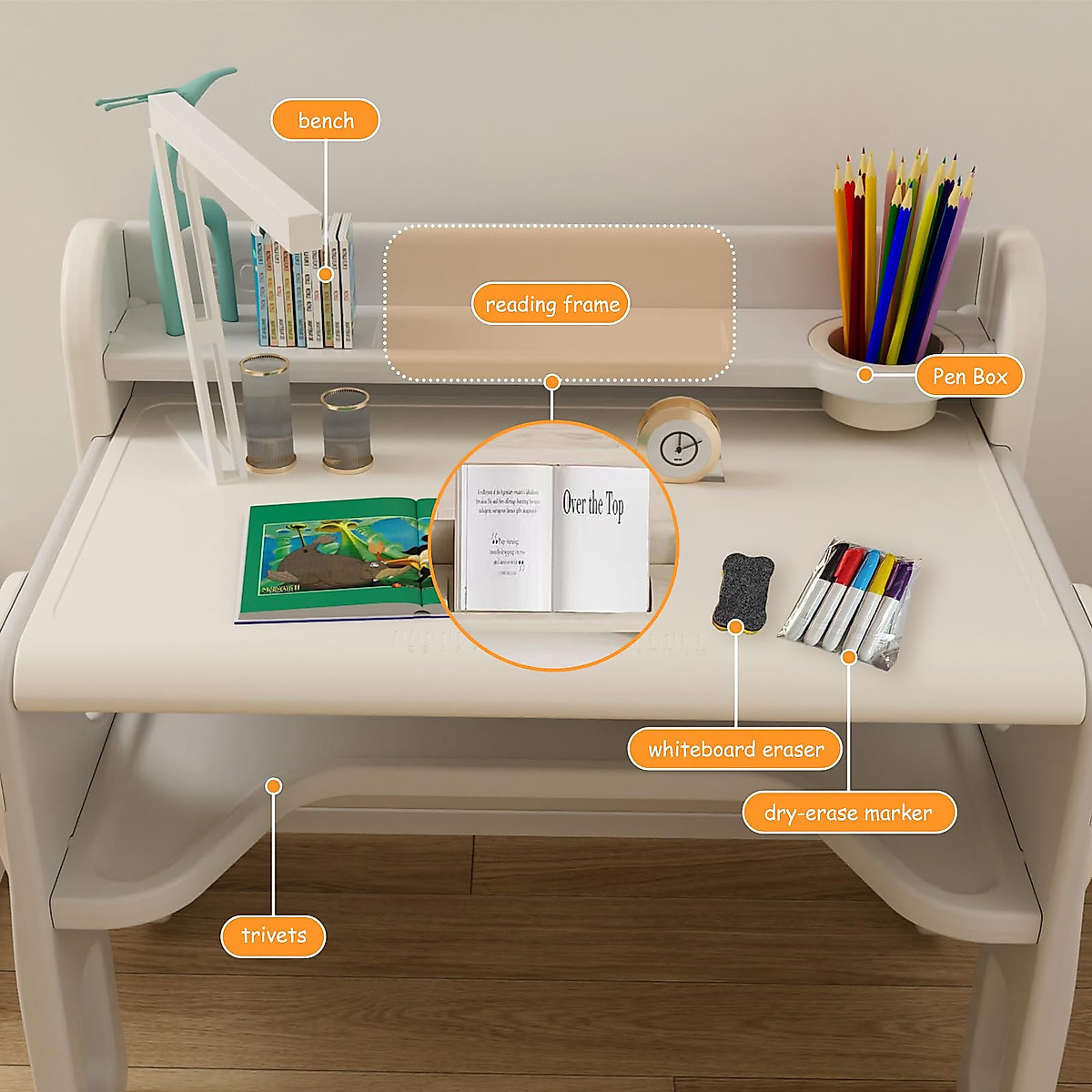 hoopyosms Kids Drawing Table and Chair Set with Erasable Tabletop & Watercolor Pens Toddler Furniture with Storage Shelf for Art, Reading & Play for Boys & Girls, Grey