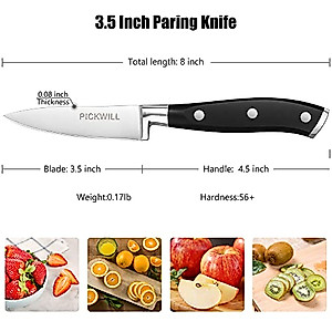 PICKWILL Paring Knife, 3.5 Inch Small Kitchen Knife, 5Cr15Mov High Carbon Stainless Steel Fruit Knife with Ergonomic Full Tang Handle, Ultra Sharp
