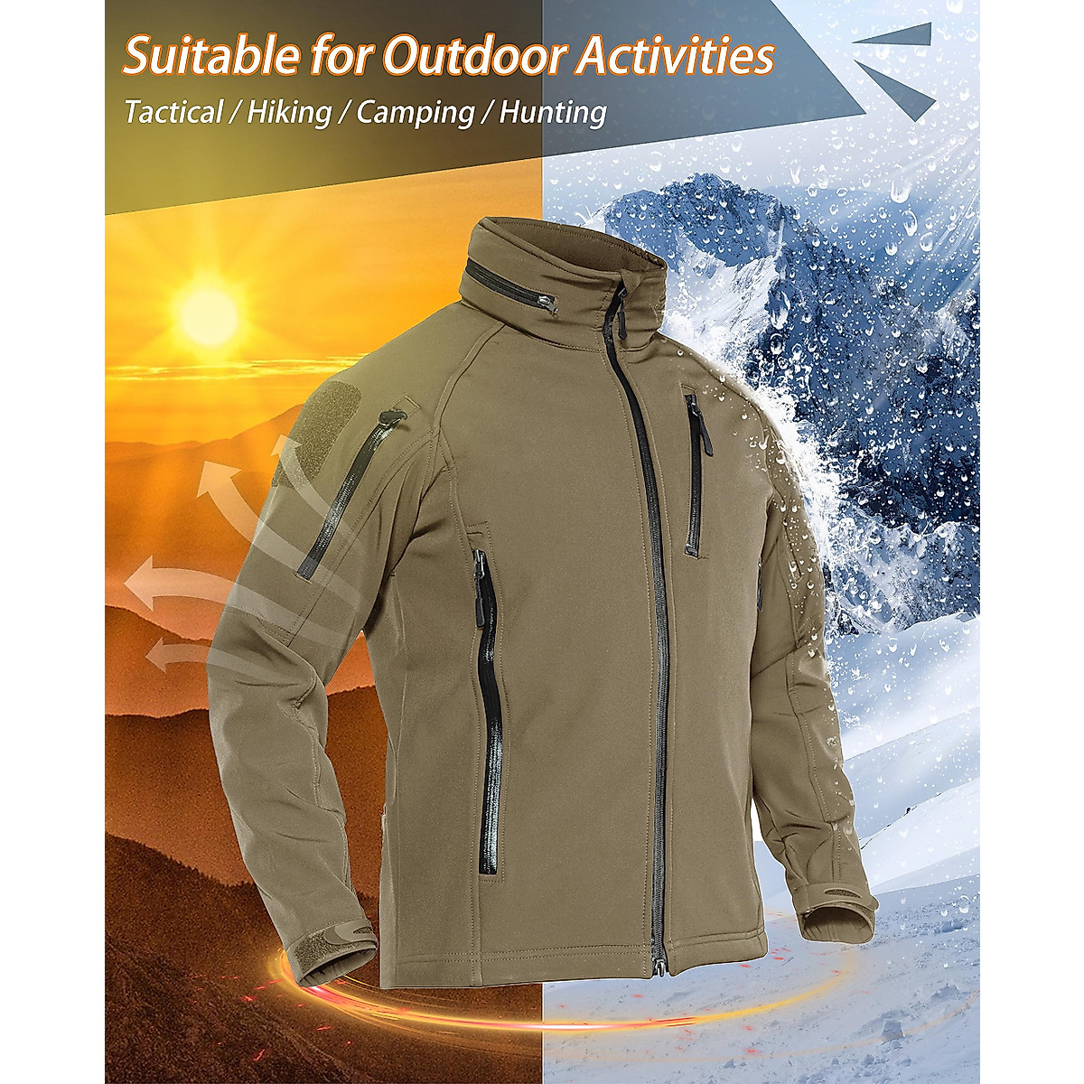 TACVASEN Men's Waterprooft Ski Snow Jacket Hiking Military Hunting Outdoor Jacket Khaki, M